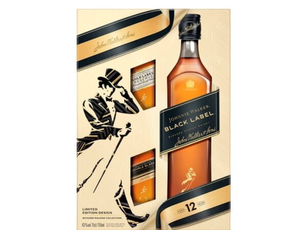 JOHNNIE WALKER BLACK LABEL WHISKY GIFT SET + 2 x 50ml EXTRA BOTTLES ...